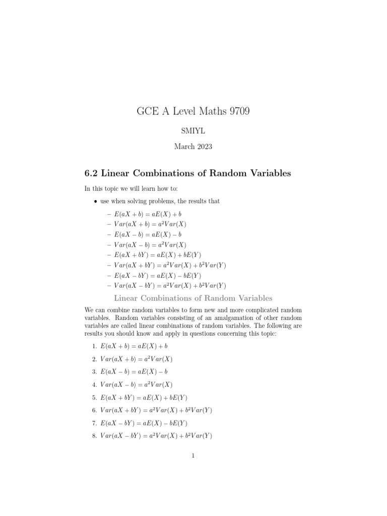 GCE A Level Linear Combinations of Random Variables | PDF | Normal Distribution | Variance