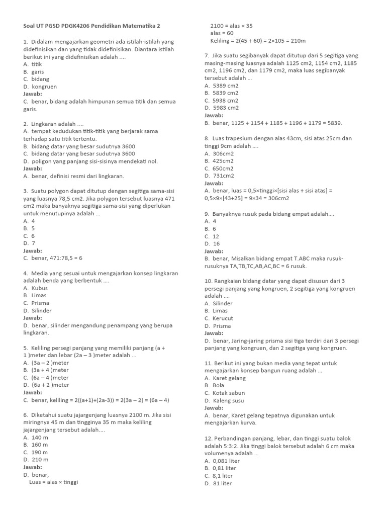 Soal UT PGSD PDGK4206 Pendidikan Matematika 2 | PDF
