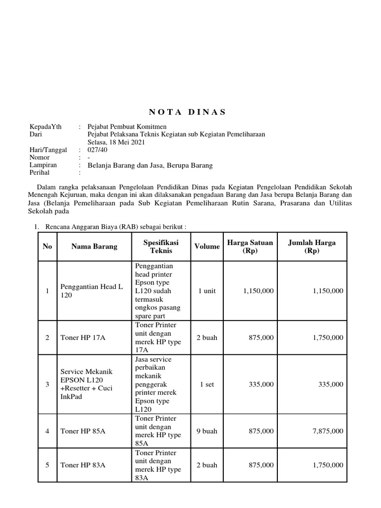 Nota Dinas Belanja Printer | PDF