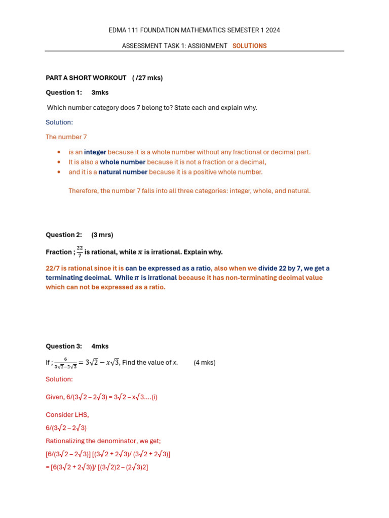 Task 1 Assignment - Solution | PDF | Numbers | Rational Number