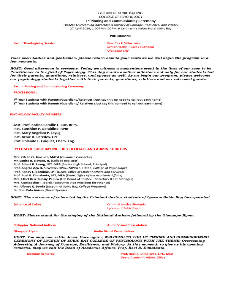 FINAL PROGRAM - LSB PINNING CEREMONY 2024 | PDF | Science | Psychology