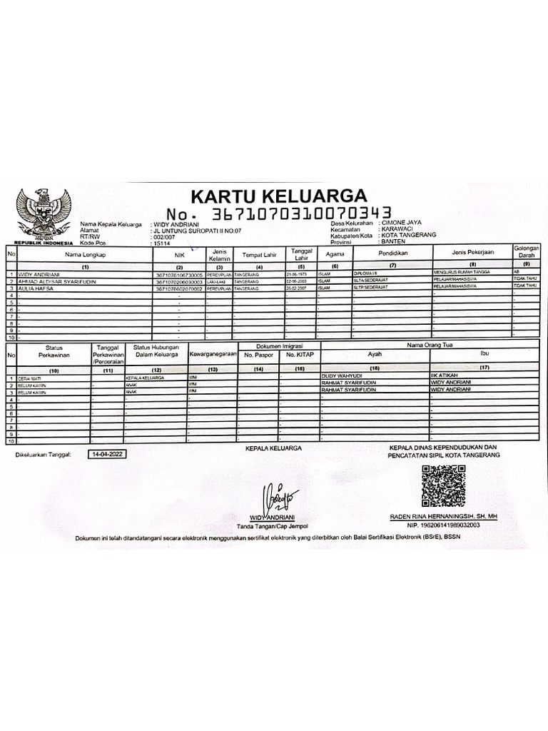 Kartu Keluarga Aulia Hafsa Senam 2 | PDF