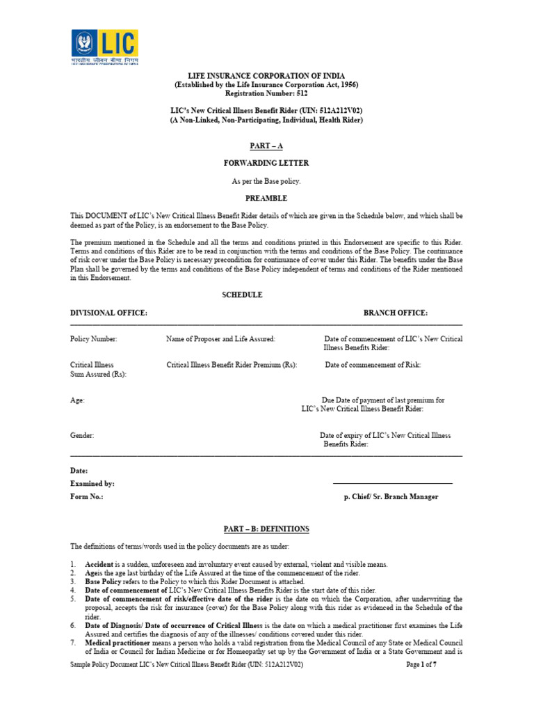 LIC Critical Illness Benefit Rider Policy | PDF | Myocardial Infarction ...