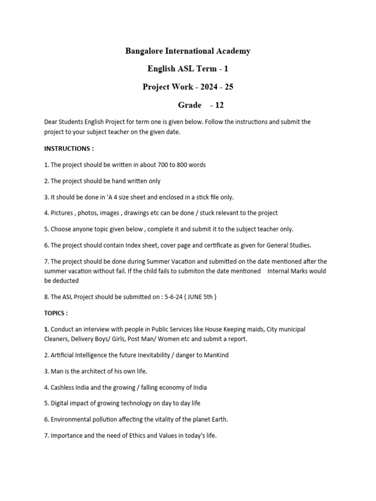 Class 12 ASL Project Guidelines 2024-25 | PDF