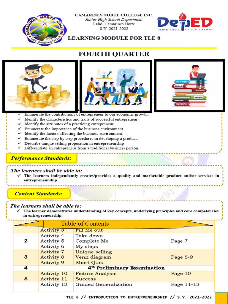 Tle 8 Q4 Module Sy 2021-22 Word | PDF | Entrepreneurship | Learning
