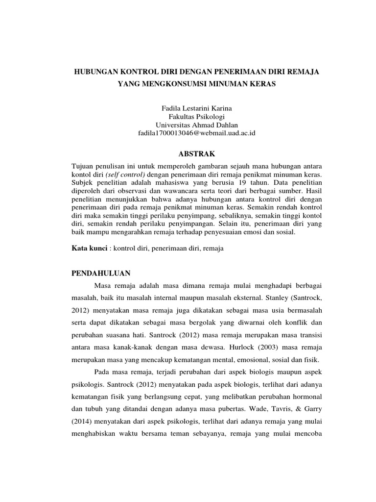 Hubungan Kontrol Diri Dengan Penerimaan Diri Remaja Yang Mengkonsumsi Minuman Keras | PDF
