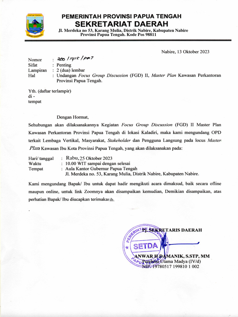 Undangan FGD II, Master Plan Kawasan Perkantoran Provinsi Papua Tengah | PDF