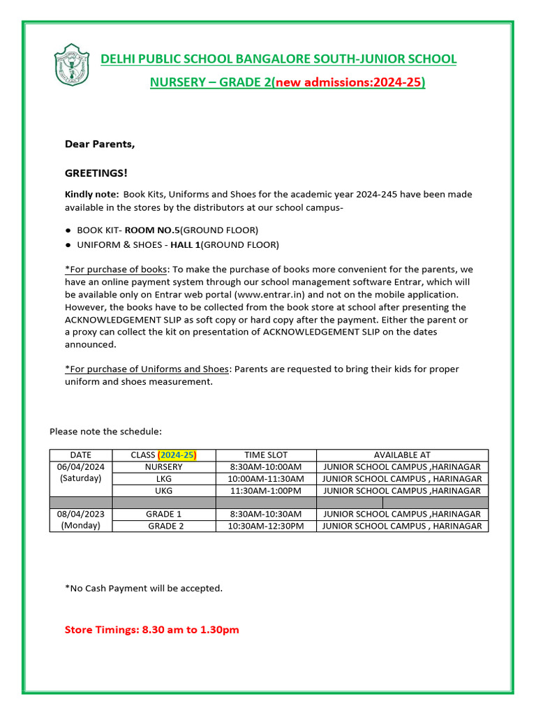 Uniform and Books Circular For Academic Year 2024-25 (New Admissions ...