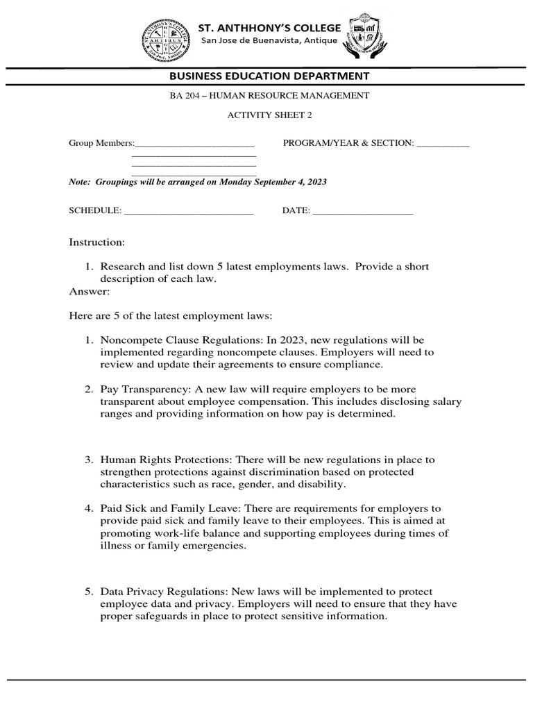 Activity Sheet 2 - Labor Laws | PDF | Finance & Money Management ...