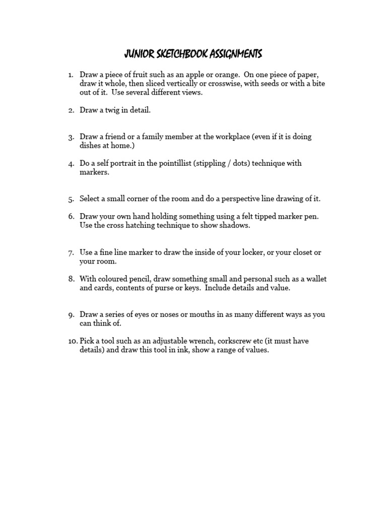 Junior Sketchbook Assignments | PDF