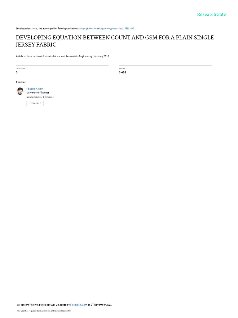 Developing Equation Between Count and GSM For A Plain Single Jersey Fabric | PDF | Textiles ...