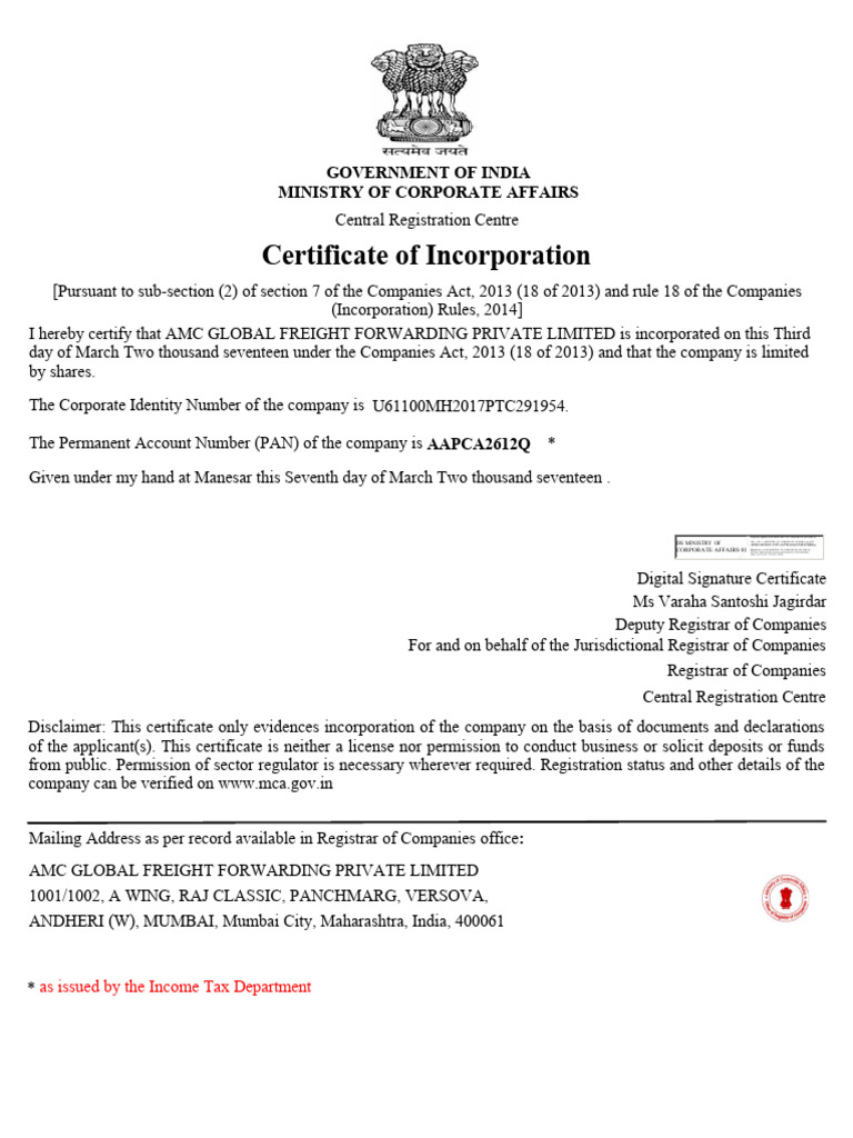 Certificate of Incorporation | PDF