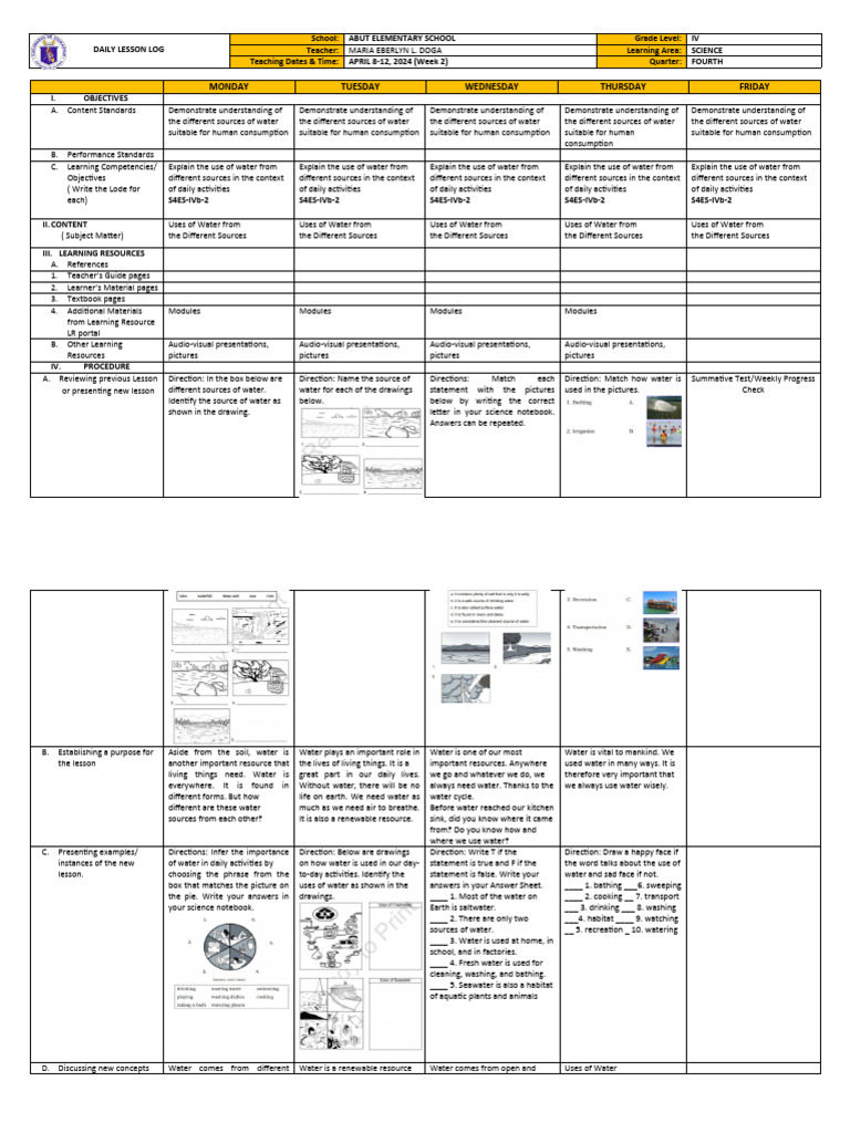 DLL - SCIENCE 4 - Q4 - W2 - Uses of Water From | PDF | Water | Fresh Water