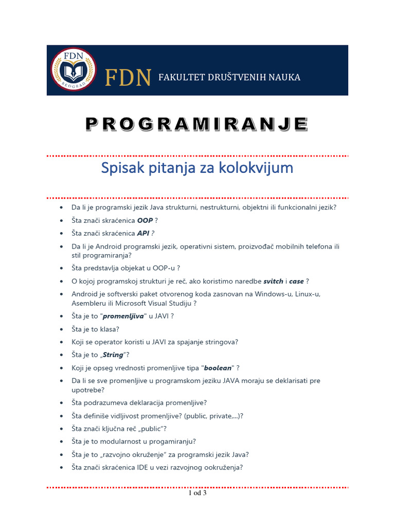 Spisak Pitanja Za Kolokvijum | PDF