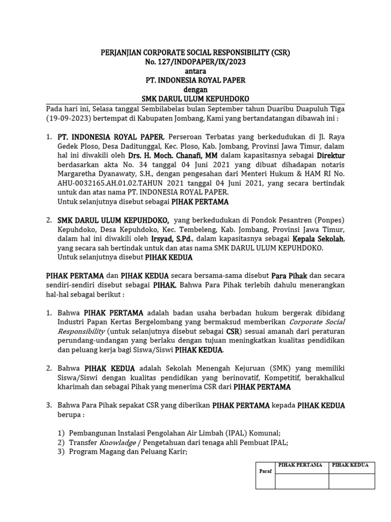 Perjanjian CSR IRP - SMK DU | PDF