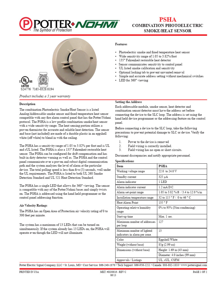 Photoelectric Smoke/Heat Sensor PSHA | PDF | Light Emitting Diode | Sensor