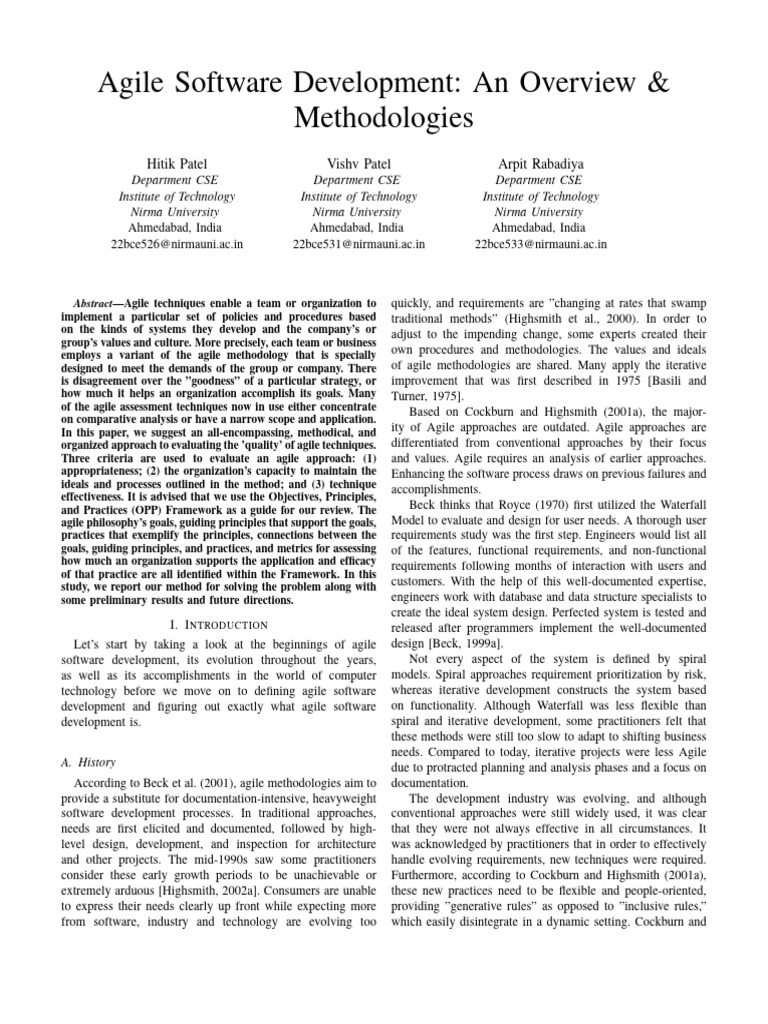 Agile Software Development: An Overview & Methodologies: Hitik Patel Vishv Patel Arpit Rabadiya ...