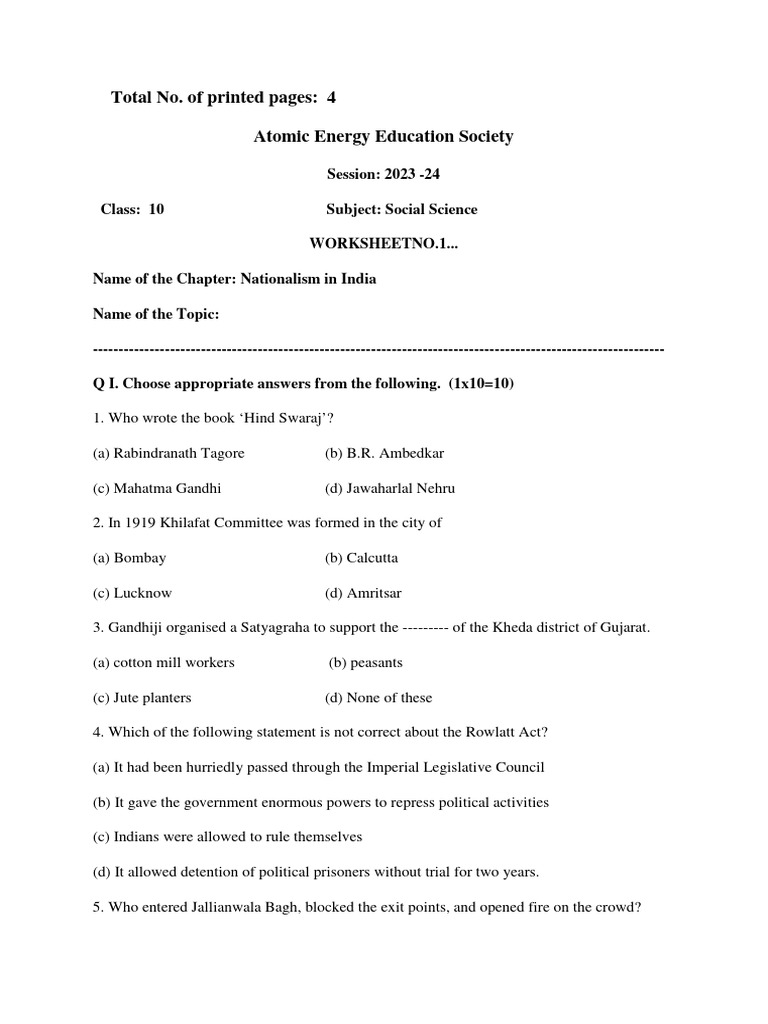 Worksheet - CL 10 Nationalism in India | PDF | Mahatma Gandhi ...