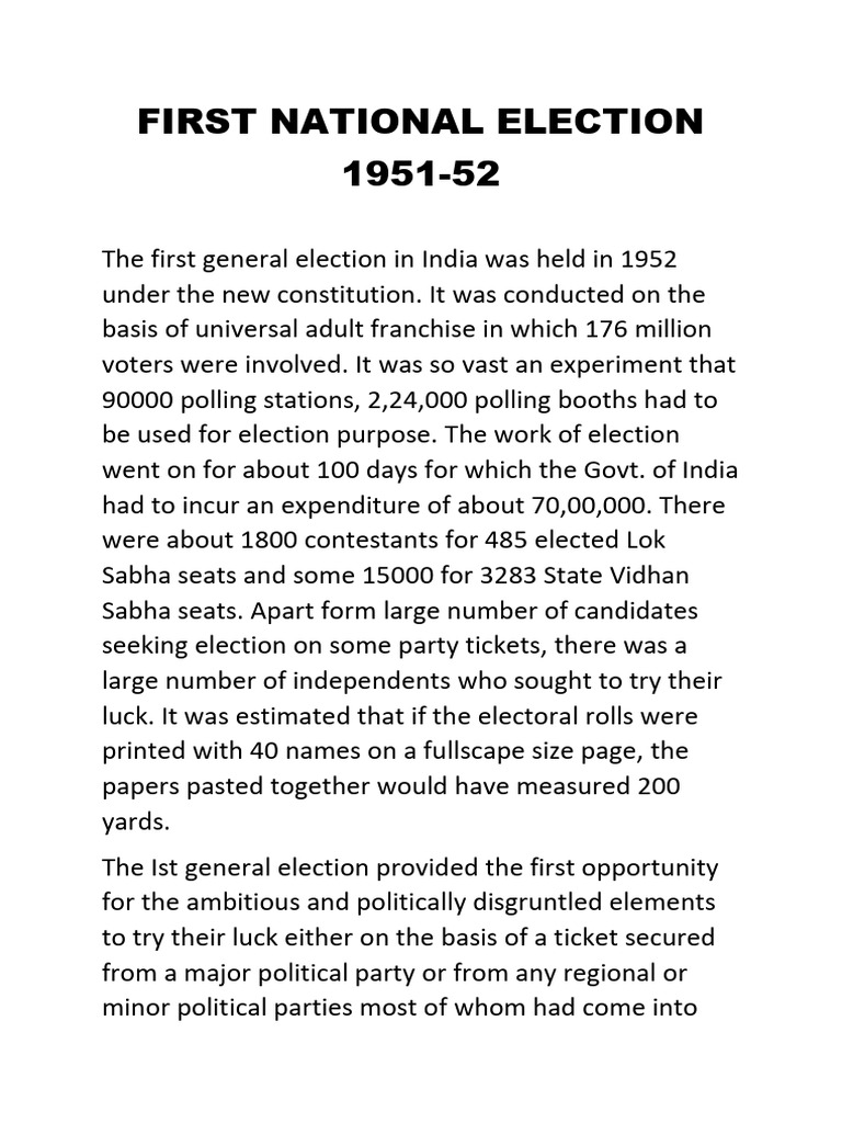FIRST NATIONAL ELECTION | PDF | Elections | Politics Of India