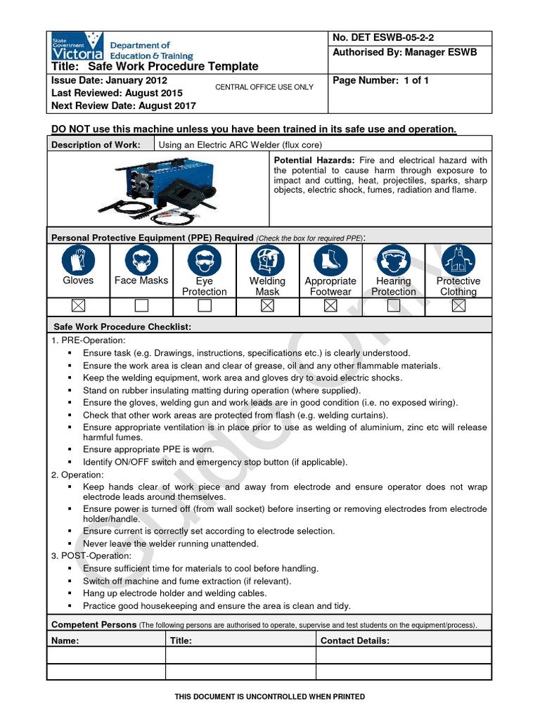 Title: Safe Work Procedure Template: No. DET ESWB-05-2-2 Authorised By ...