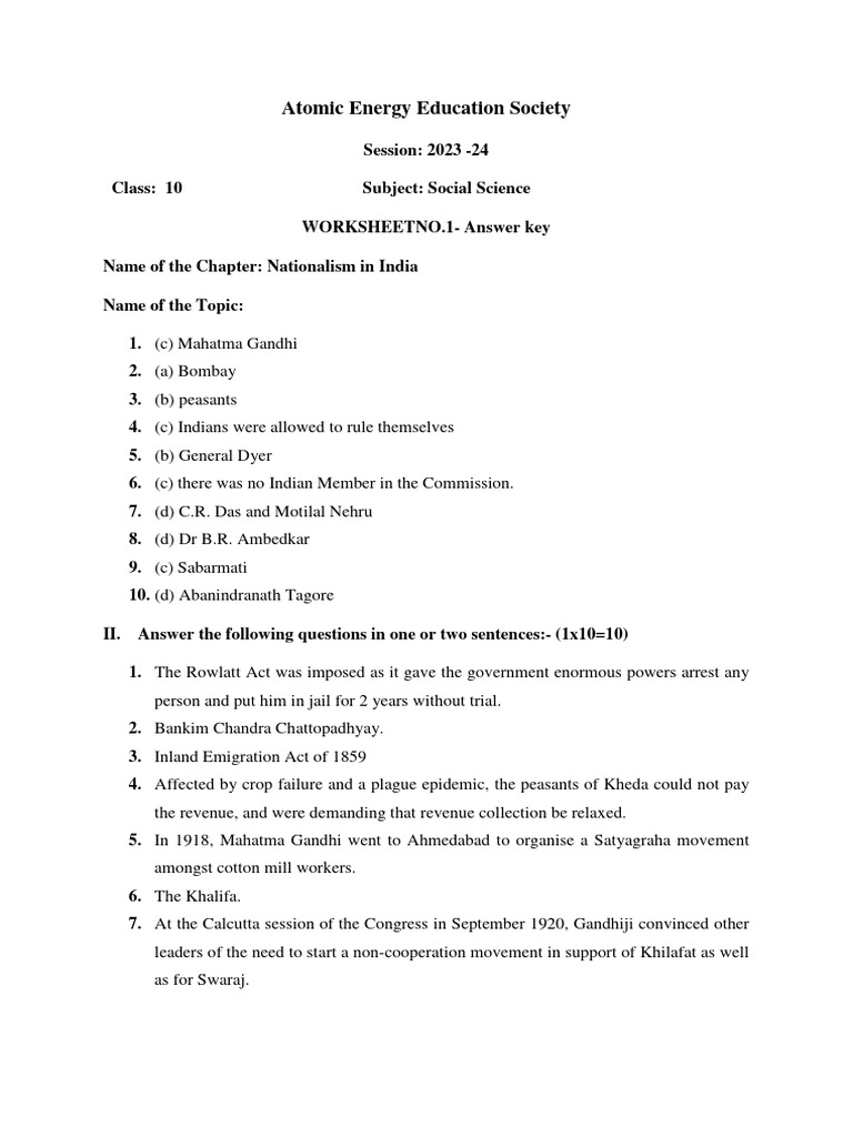 Nationalism in India: Class 10 Worksheet | PDF | Mahatma Gandhi