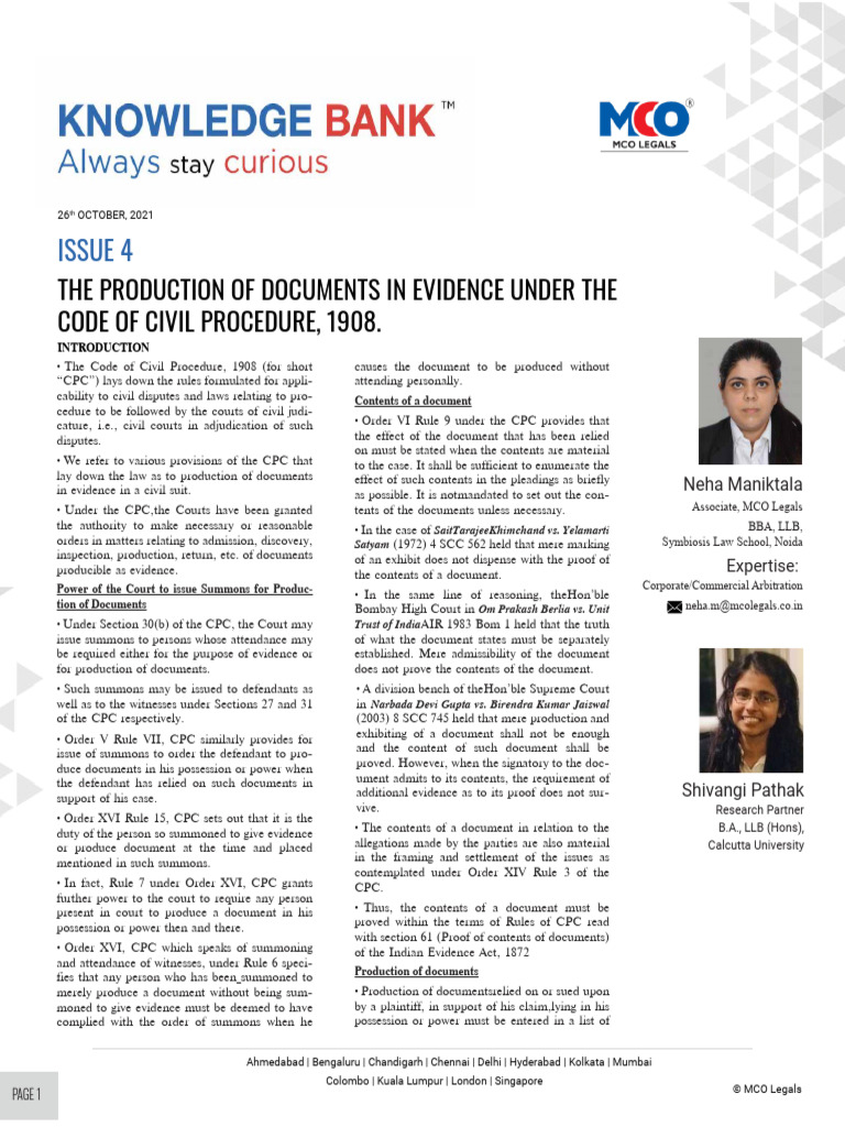 Evidence Act Issue 4 Production of Documents in Evidence Under CPC ...