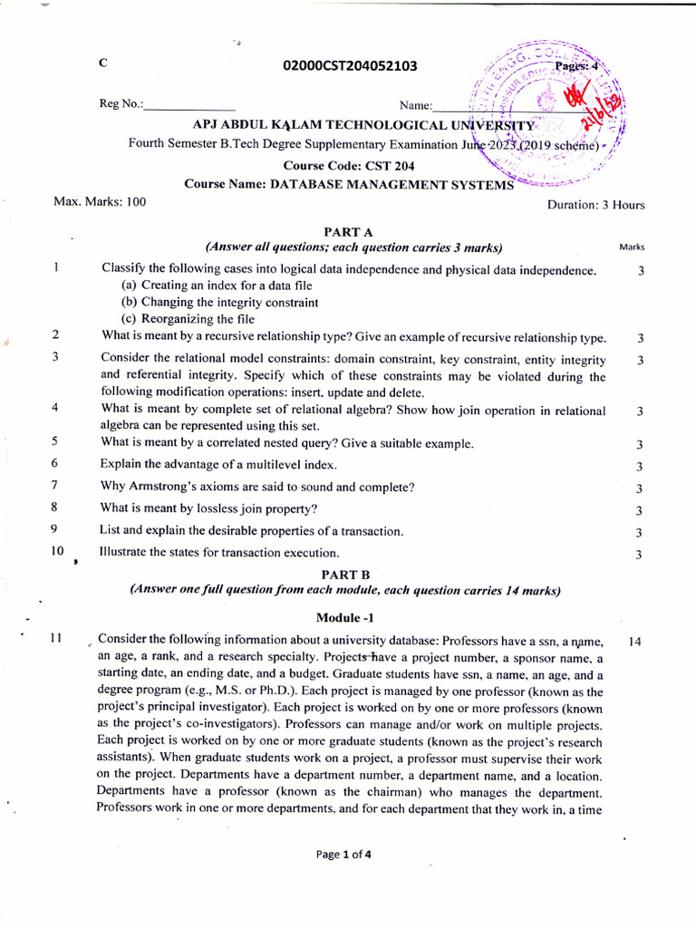 CST 204 Database Management Systems, June 2023 | PDF | Relational ...