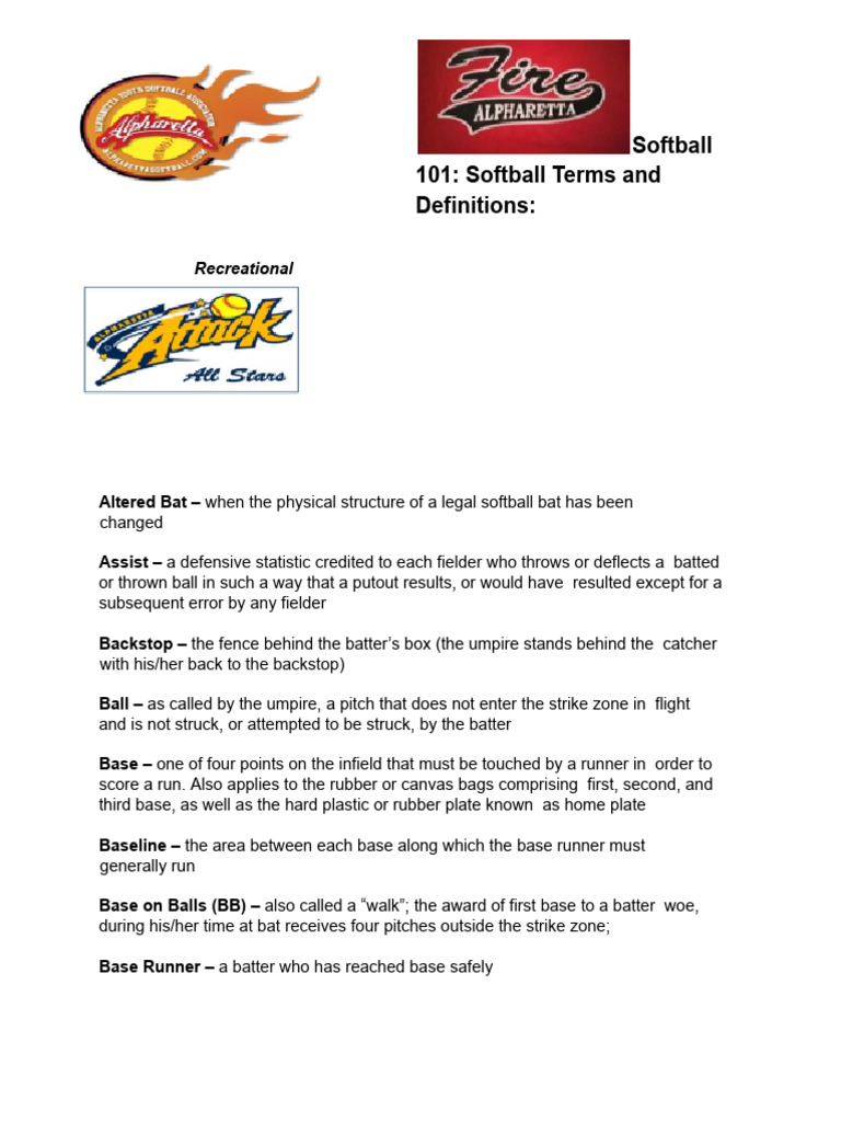 Softball Terms | PDF | Baseball Field | Batting (Baseball)