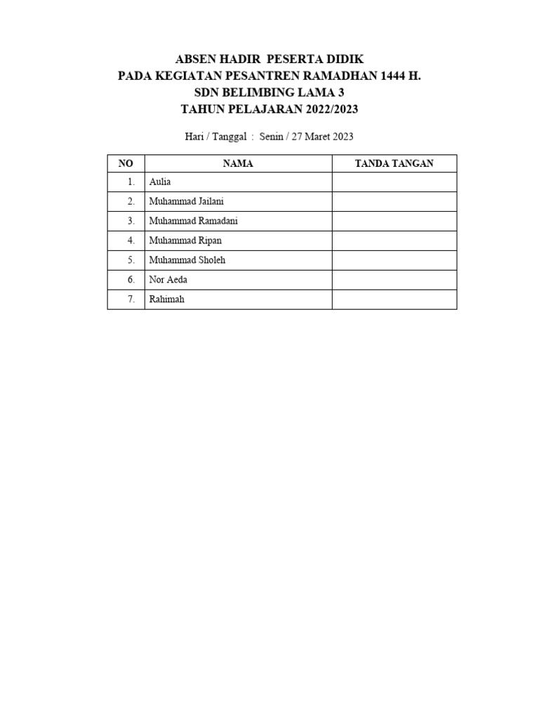 Absen Pesantren Ramadhan SDN 3 2023 | PDF | Karier & Perkembangan