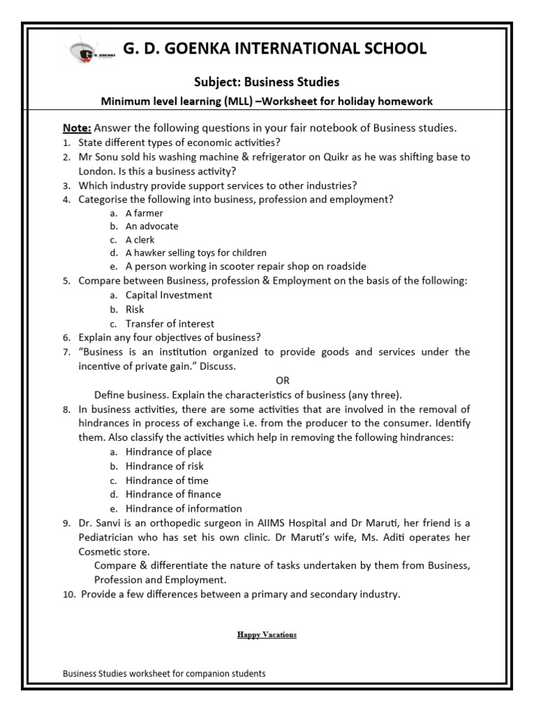 Business Studies Holiday Homework Worksheet | PDF | Business