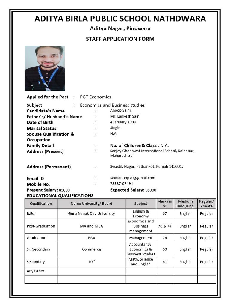 Teacher Application Form (ABPS) | PDF