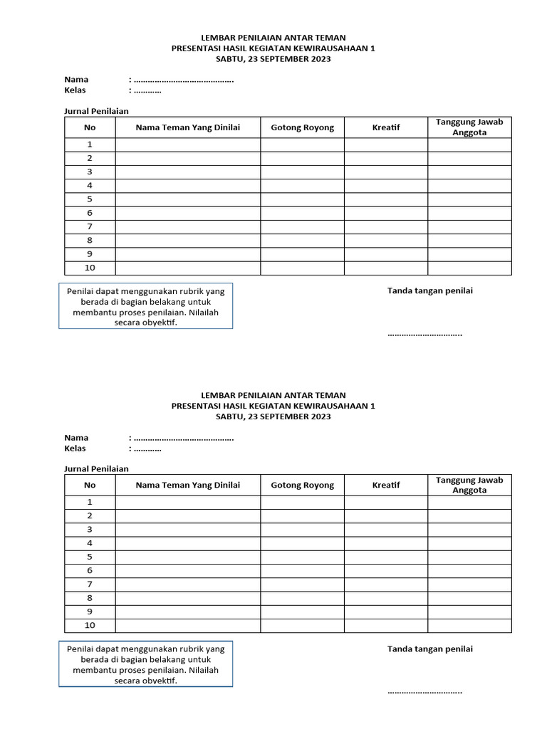 Lembar Penilaian Antar Teman | PDF