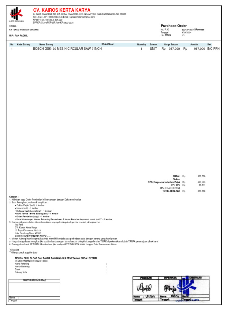 Po202404027-Sp000196 - CV Tekad Karisma Dinamis | PDF