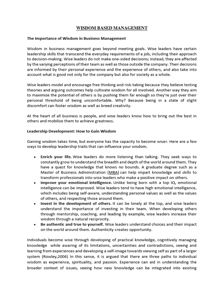 WISDOM BASED MANAGEMENT | PDF | Wisdom | Karma