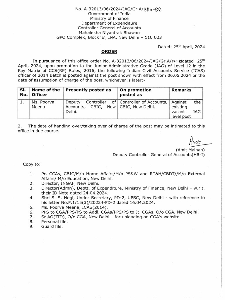 OrderNo380-88Dated25042024 - Posting order Ms Poorva meena | PDF