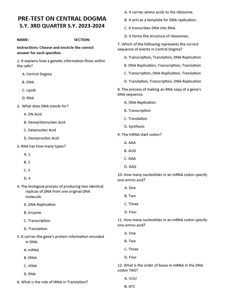 Pre Test Sim | PDF | Translation (Biology) | Genetic Code