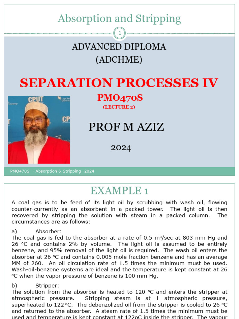 PROF M AZIZ - PMO470S - Absorption & Stripping Lecture 2 - 2024 | PDF | Steam | Physical Chemistry
