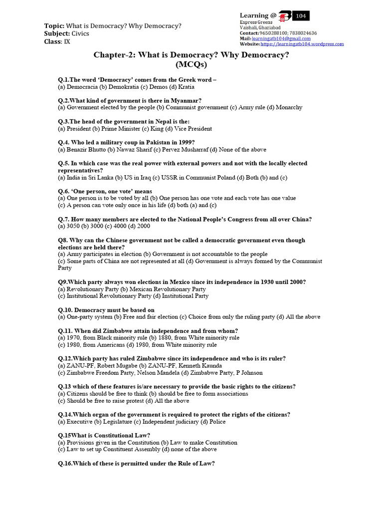 What Is Democracy Why Democracy MCQ | PDF | Democracy | Political ...