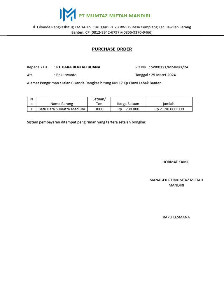 Contoh Purchase Order Batu Bara | PDF