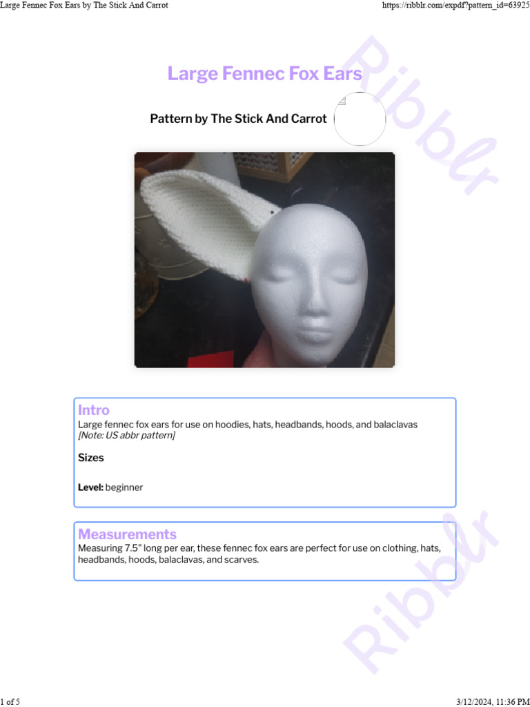 Large Fennec Fox Ears Crochet Pattern | PDF | Clothing | Needlework