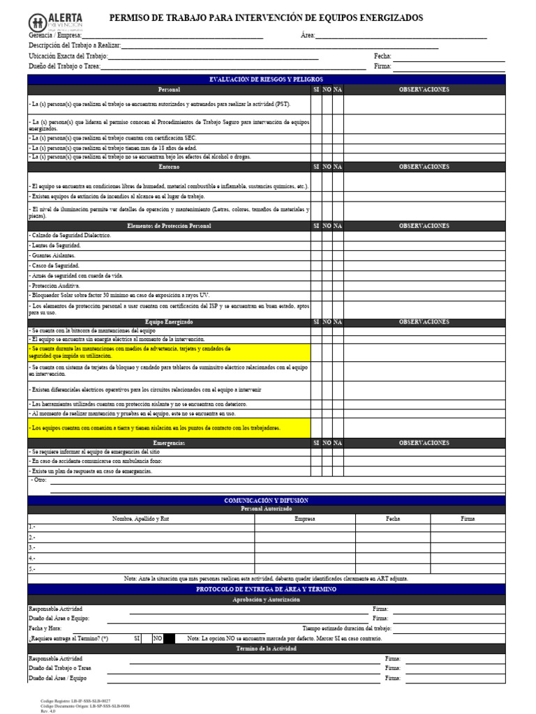FORM - 2.27. - Permiso de Trabajo para Intervención de Equipos ...