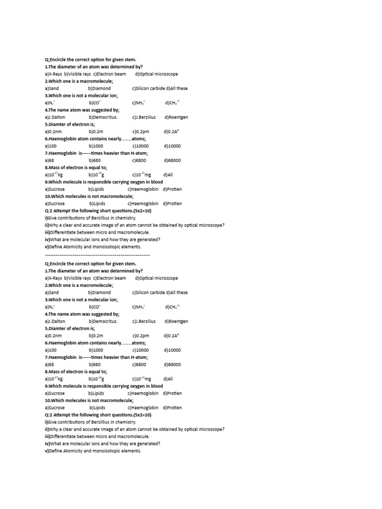 Atom Test Pdf Molecules Atoms