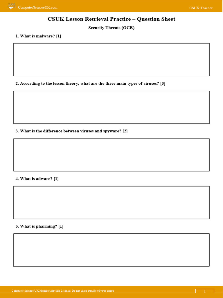 1.4.1 Retrieval Practice (Assessments) - Security Threats (OCR) | PDF