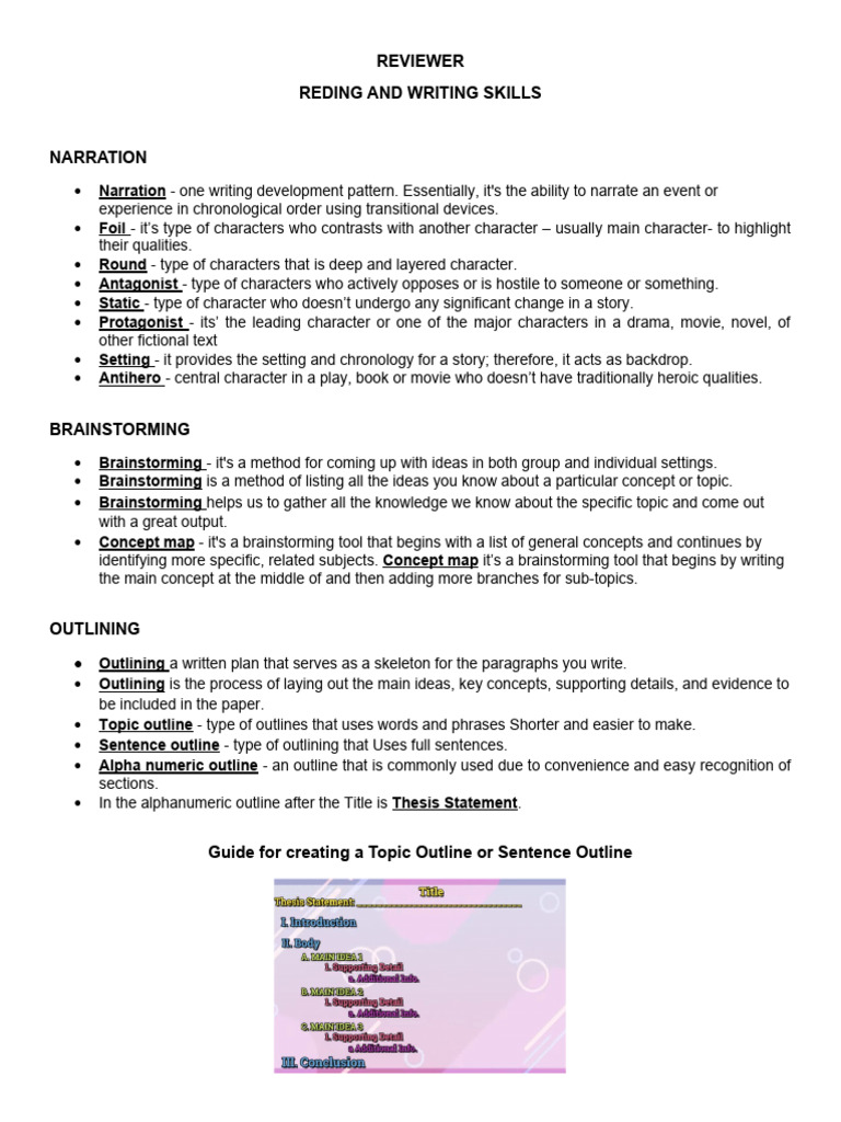 REVIEWER READING AND WRITING SKILLS | PDF | Brainstorming | Concept