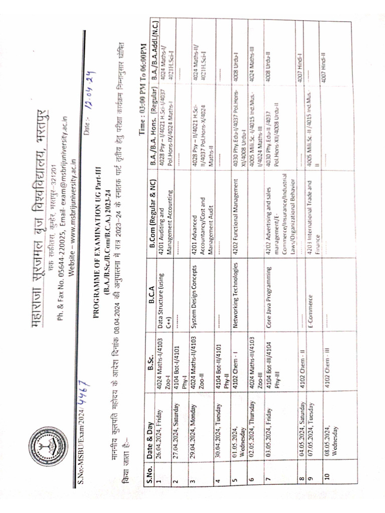 Time Table UG Part III Exam 20241 | PDF