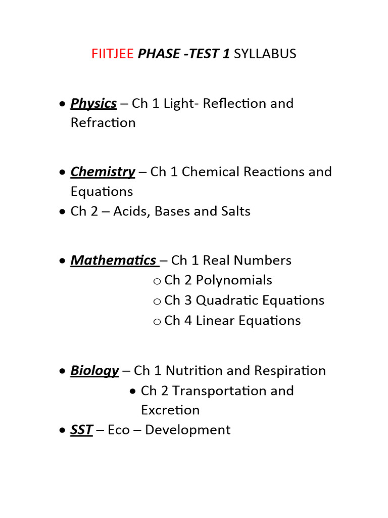 Fiitjee Phase Test Syllabus | PDF