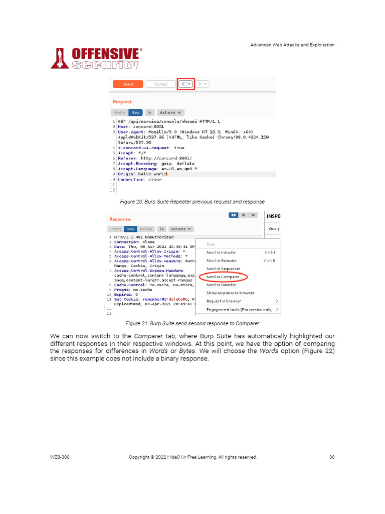 Advanced Web Attacks and Exploitation: Figure 20: Burp Suite Repeater Previous Request and ...