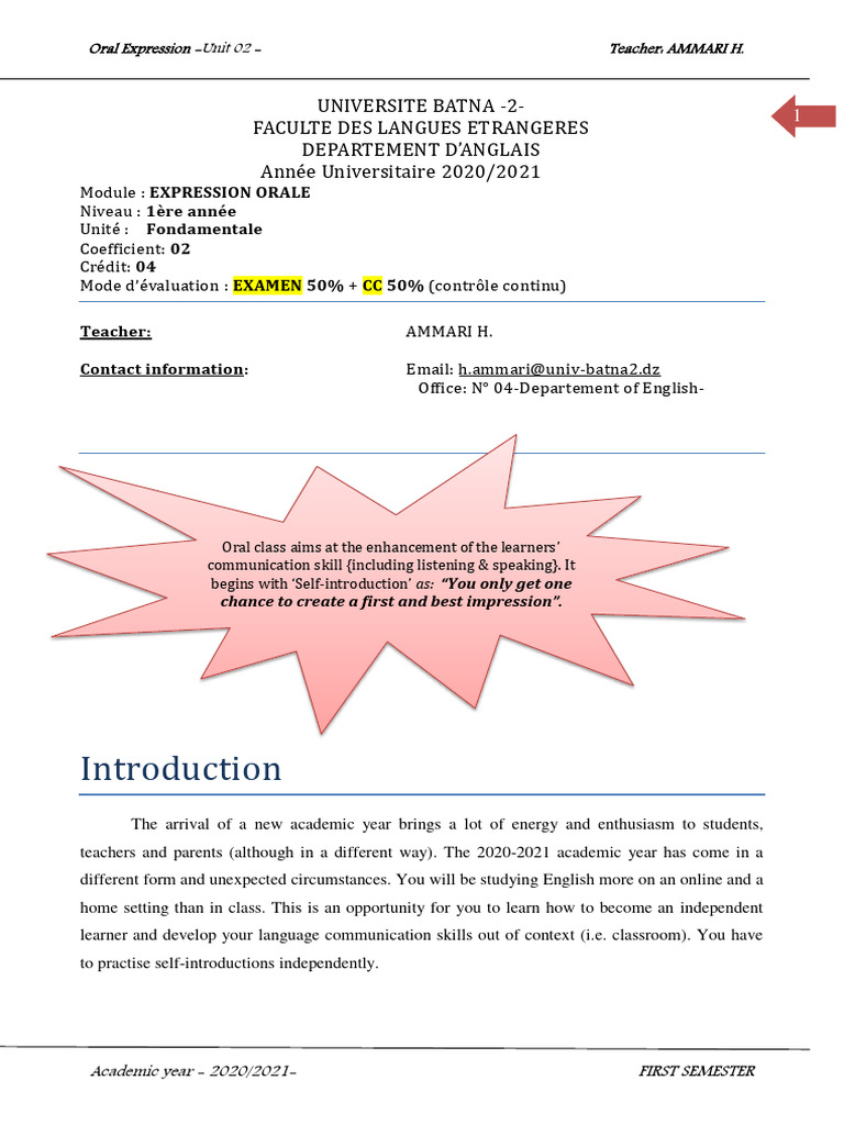 Oral Expression s1 Unit 2 01 2 | PDF | Communication | Teachers