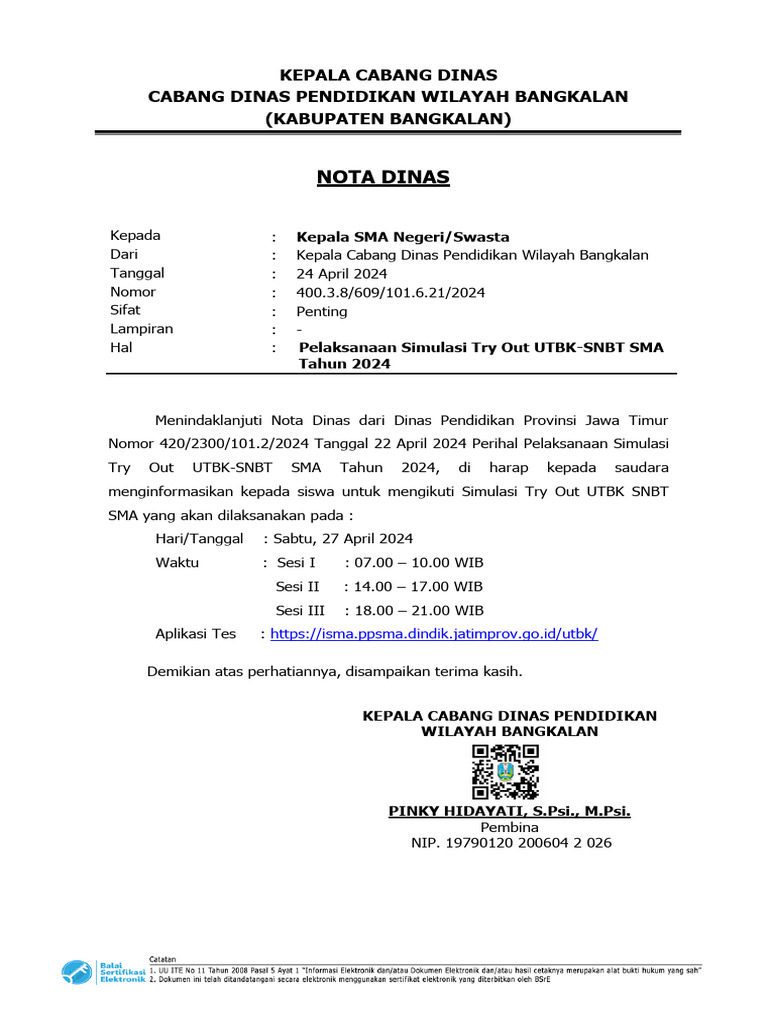 Nota Dinas Try Out Simulasi Utbk 2024 | PDF
