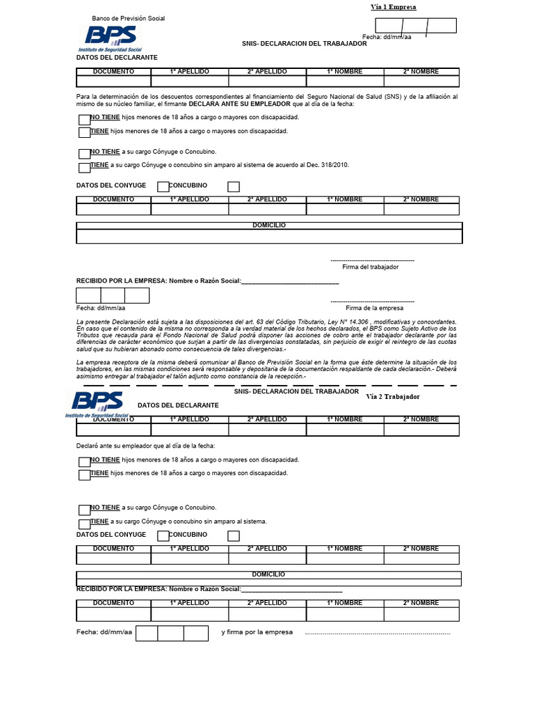 Formulario BPS FONASA | PDF